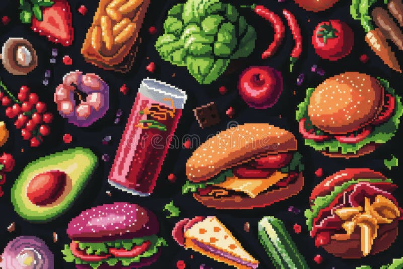 Pixel Art Fast Food Pattern. Pixeled Various Culinary Items Stock Image ...