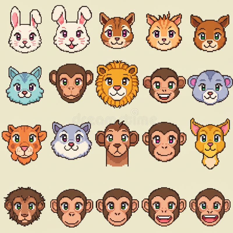 Pixel Art Features Cute Animal Faces Arranged in Rows. the Designs ...