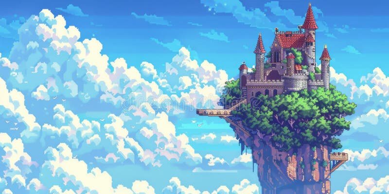Pixel Art Floating Castle in the Sky. Fantasy Pixeled Kingdom Stock ...