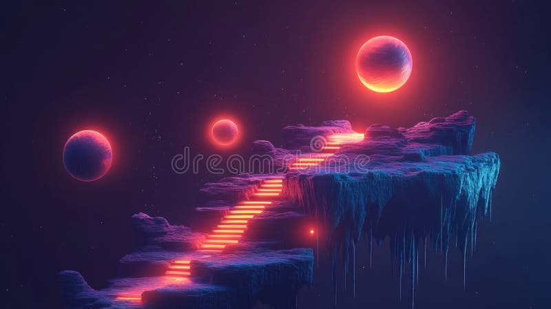 Pixel Art Floating Island with Glowing Stairs and Planets Stock ...