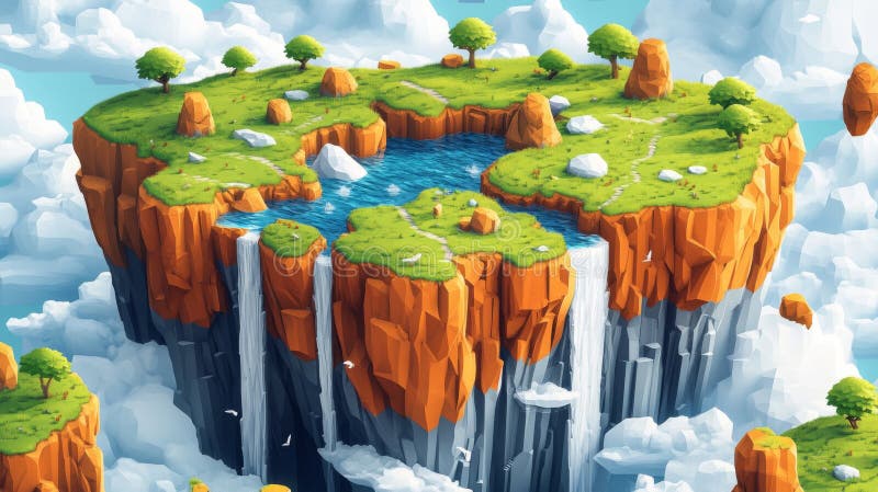 Pixel Art Floating Island with Waterfalls Stock Illustration ...