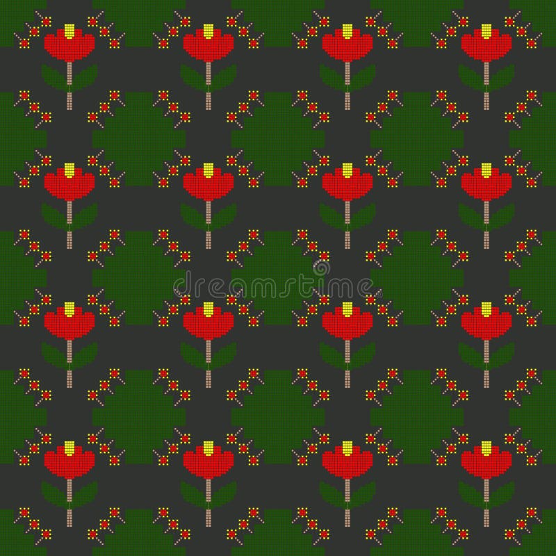 Pixel Art Floral Pattern with Red Flowers on Dark Background Stock ...