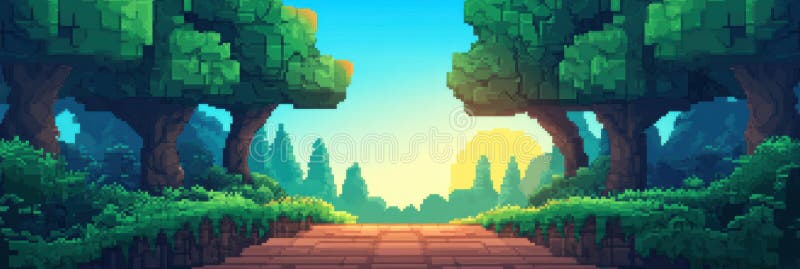Pixel Art Forest with Bright Sunlit Pathway in a Retro Video Game Style ...