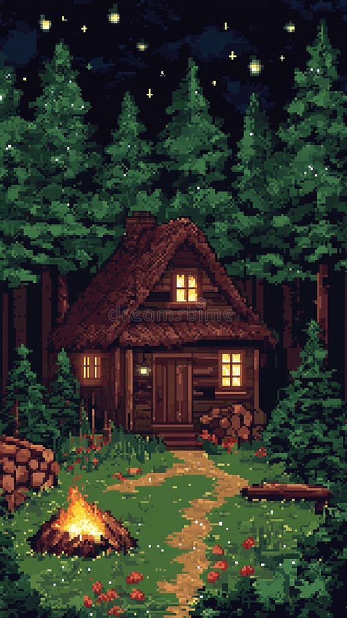 Pixel Art Forest Cabin Set with Logs Lanterns and Campfires. Stock ...