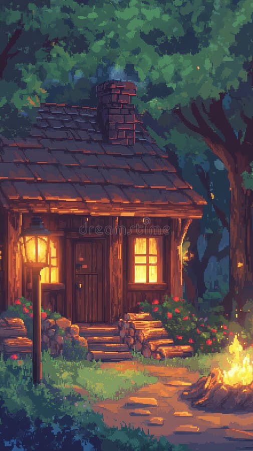 Pixel Art Forest Cabin Set with Logs Lanterns and Campfires. Stock ...