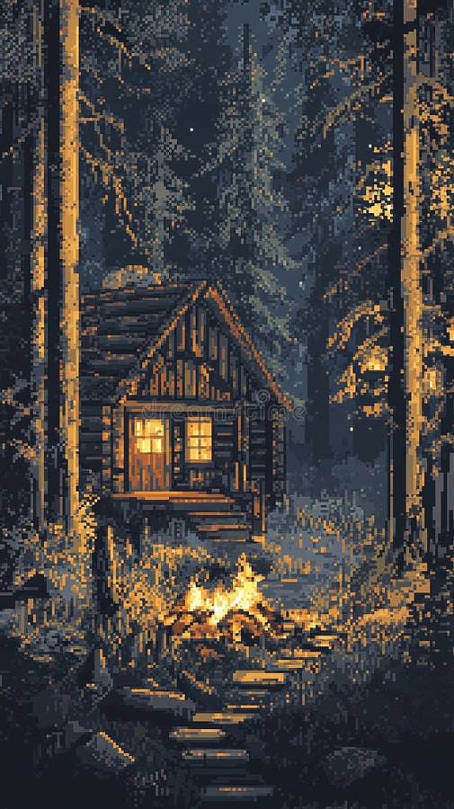 Pixel Art Forest Cabin Set with Logs Lanterns and Campfires. Stock ...