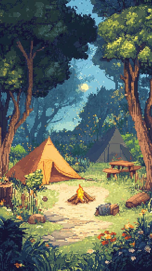 Pixel Art Forest Campsite Set with Tents Campfires and Backpacks. Stock ...