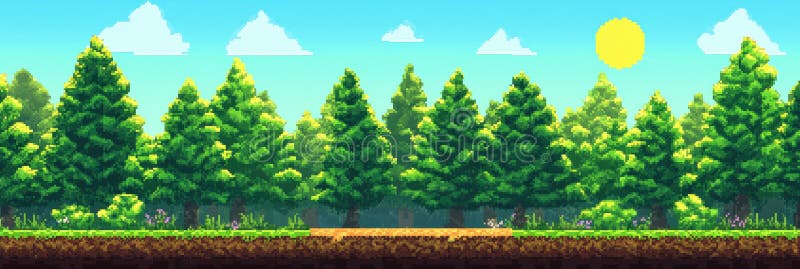Pixel Art Forest Daytime Scene with Pine Trees and Sunny Sky in Retro ...