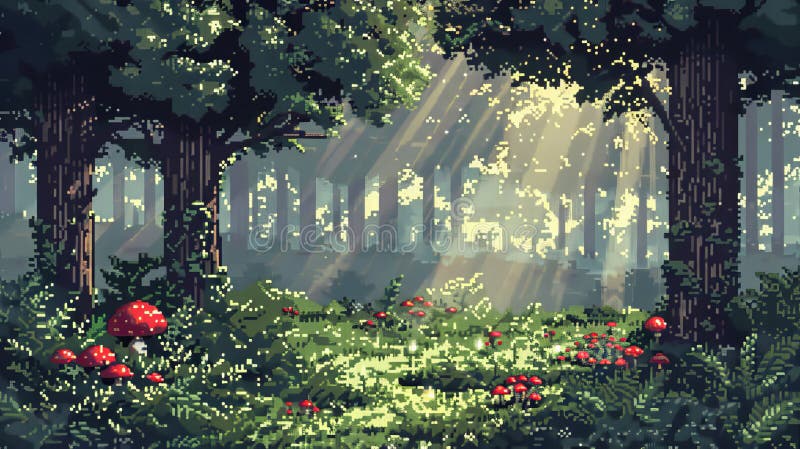 Pixel Art Forest with Mushrooms and Sunlight Rays Stock Photo - Image ...