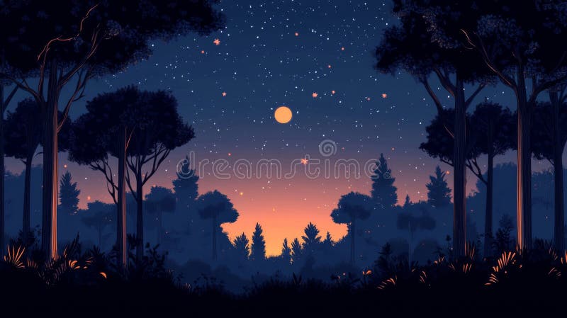 Pixel Art Forest Night Landscape with Sunset and Stars Stock ...