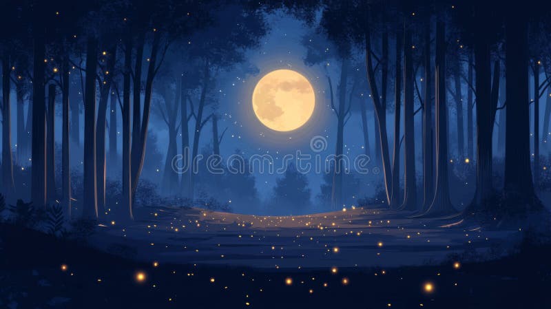 Pixel Art Forest Night Scene with Full Moon and Fireflies Stock ...
