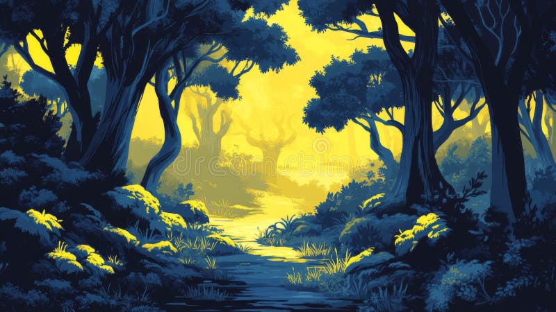 Pixel Art Forest Path: Blue and Yellow Sunlight Stock Illustration ...