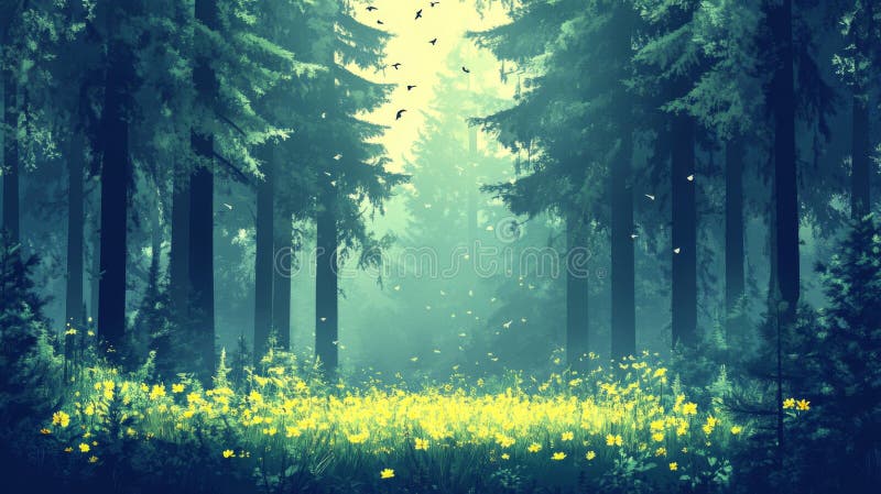 Pixel Art Forest Path: Magical Green Woods with Yellow Flowers Stock ...