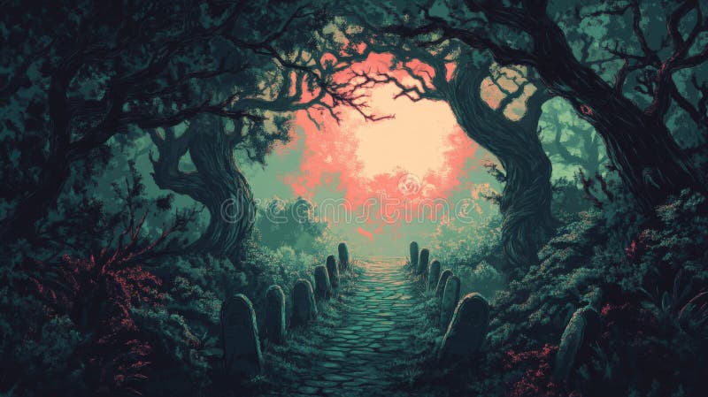 Pixel Art Forest Path: Pink Sunset through Dark Green Trees Stock ...