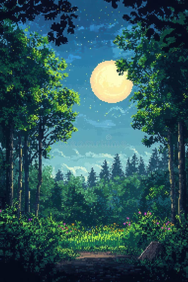 Pixel Art Forest Scene with Full Moon at Night Stock Illustration ...