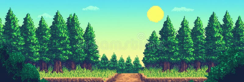 Pixel Art Forest with Sunlit Pathway and Tall Evergreen Trees in Retro ...
