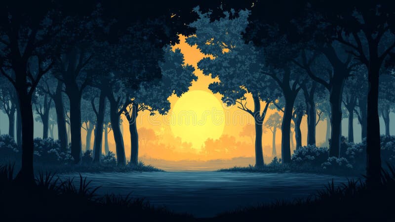 Pixel Art Forest Sunset: Dark Blue Trees Frame a Yellow Sun Stock ...