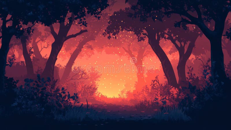 Pixel Art Forest Sunset with Fireflies Stock Illustration ...