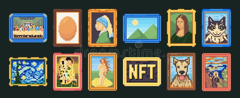 Pixel Art Framed Paintings. Pixelated Picture, 8-bit Drawing Image and ...