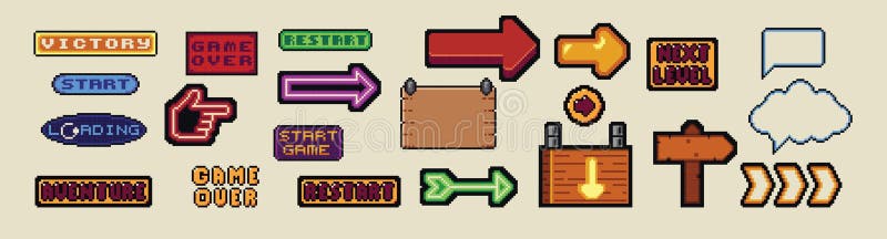 Pixel Art Frames. Retro 8 Bit Buttons, Arrows, Speech Bubble Messages ...