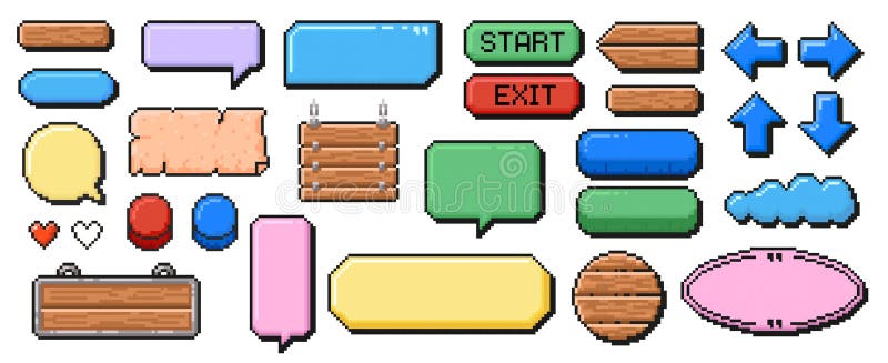 Pixel Art Frames. Retro 8 Bit Buttons, Arrows, Speech Bubble Messages ...