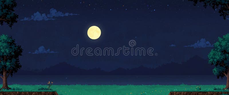 Pixel Art Game Background with Big Moon at Night. Stock Photo - Image ...