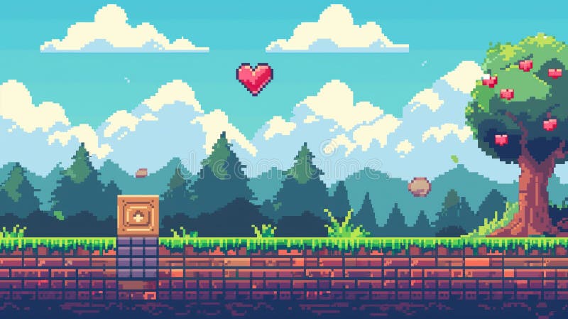 Pixel Art Game Background with Button Level Up. Stock Image - Image of ...