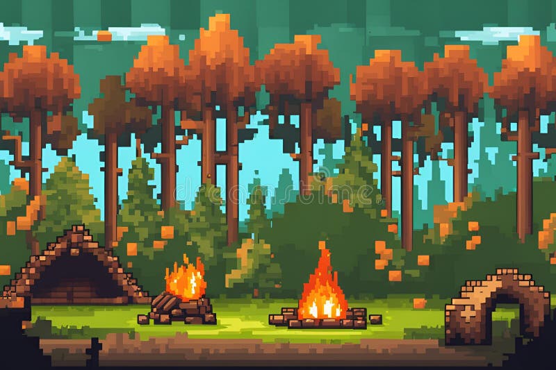Pixel Art Game Background with a Camp Fire in the Forest Stock ...