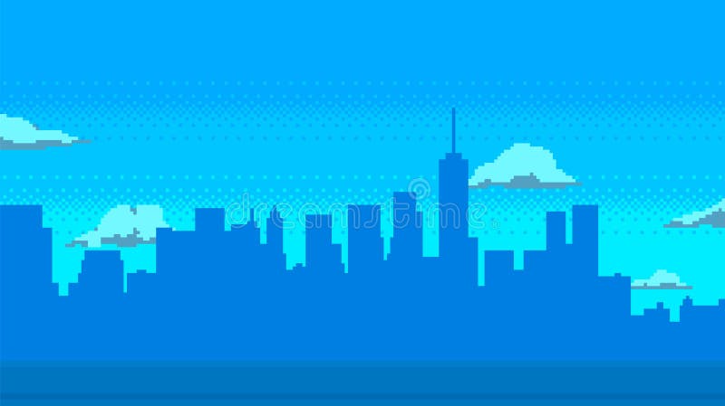 Pixel Art Game Background with City Silhouette and Clouds. Vector ...