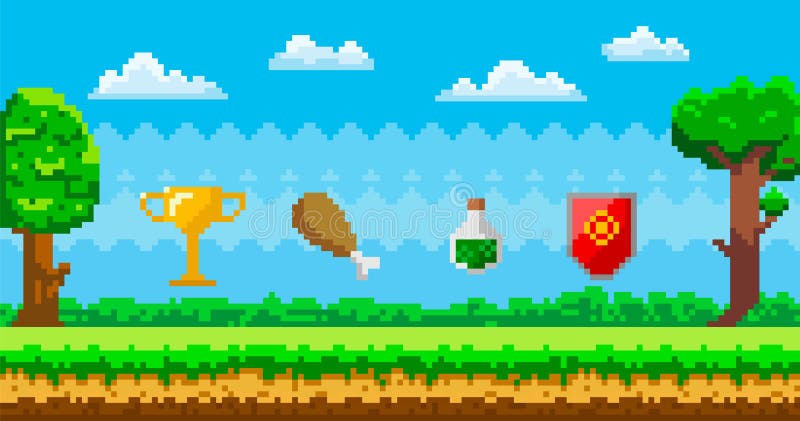 Pixel Art Game Background with Reward Object in Air. Pixel-game Scene ...