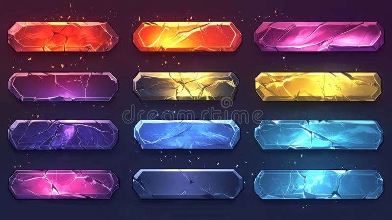 Pixel Art Game Buttons Set with Colorful Design and Cracked Texture on ...