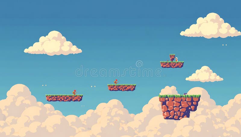 Pixel Art Game Level Sky Platforms Clouds Characters Stock Illustration ...