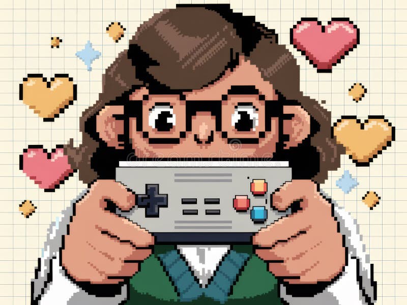 Pixel Art Gamer Character Playing Video Games with Retro Controller and ...
