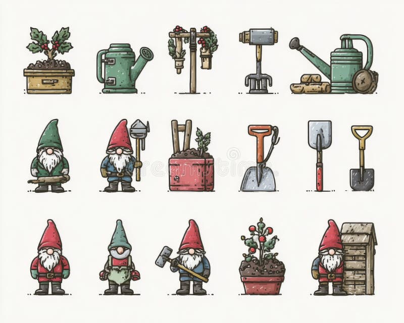 Pixel Art Garden Gnomes and Holiday Gardening Tools Stock Illustration ...