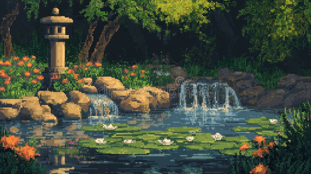 Pixel Art Garden with Pond and Waterfall Stock Illustration ...