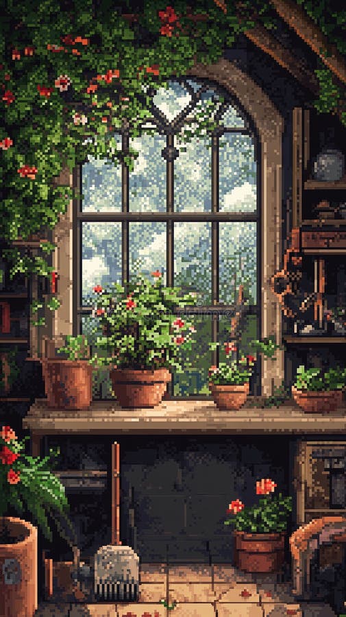 Pixel Art Gardening Set with Tools Pots and Plants. Stock Illustration ...