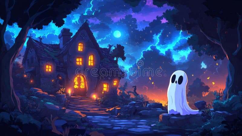 Pixel Art Ghost at a Haunted House at Night Stock Illustration ...
