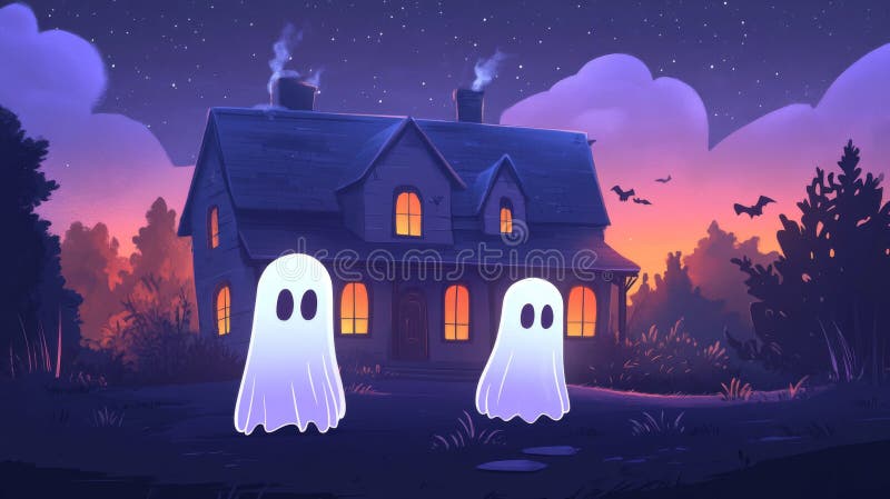 Pixel Art Ghosts at a Haunted House at Night Stock Illustration ...