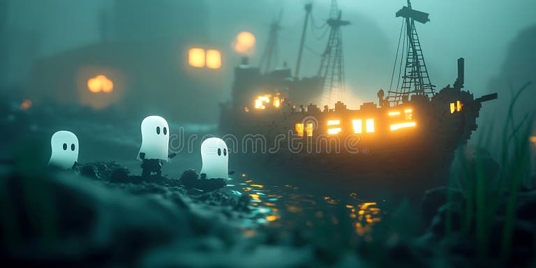 Pixel Art Ghosts and Shipwreck Spooky Game Background Stock ...