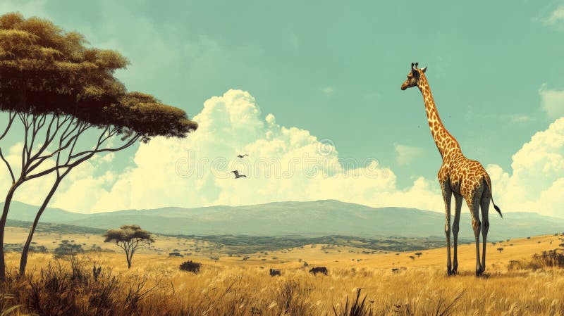 Pixel Art Giraffe in African Savanna Landscape Stock Illustration ...