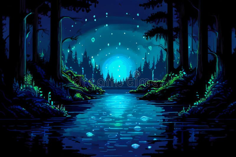 Pixel Art with Glowing Effects Inspired by Bioluminescence Stock ...