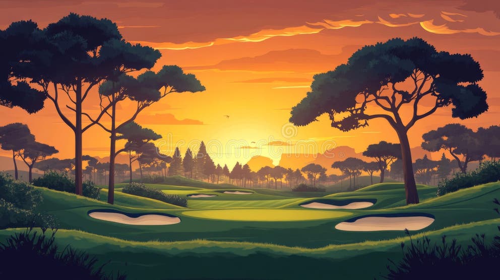 Pixel Art Golf Course Sunset Landscape Stock Illustration ...