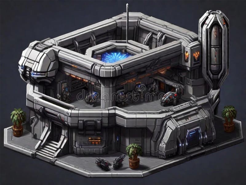 Pixel Art Gray Command Center Building, Isometric View Illustration ...