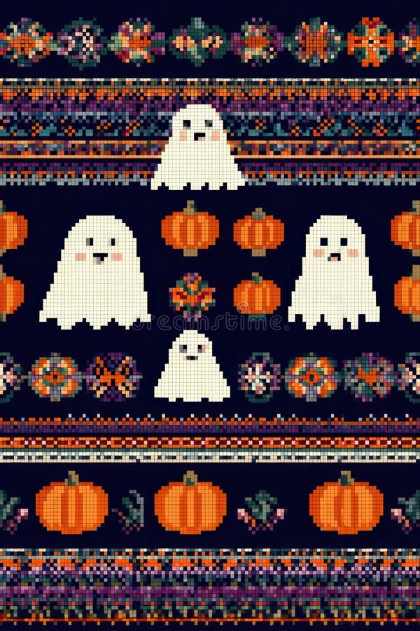 Pixel Art Halloween Border with Ghosts and Pumpkins in Geometric ...