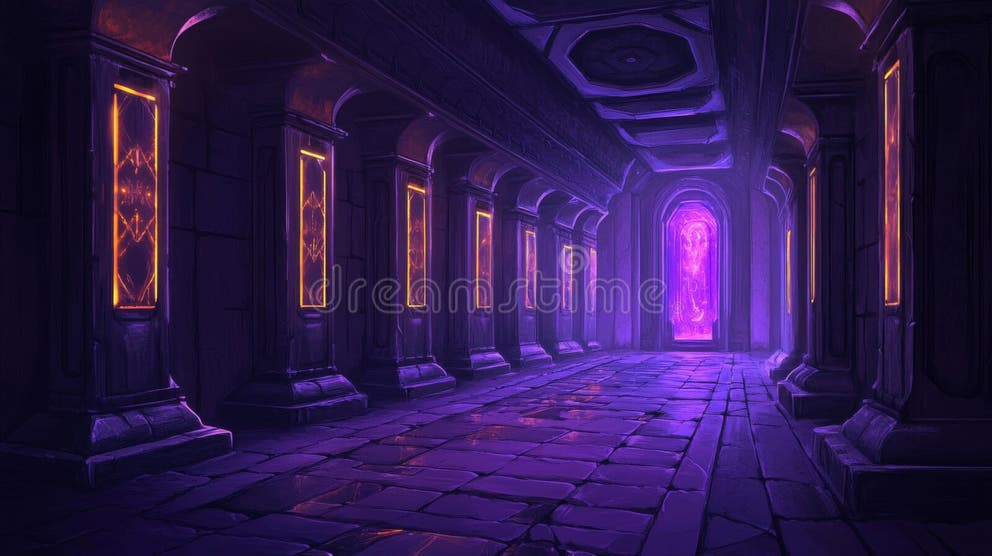 Pixel Art Hallway with Purple Stone Arches and Glowing Architectural ...