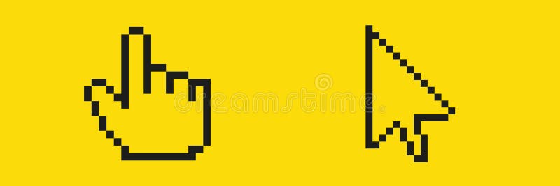 Pixel Art Hand and Arrow Cursor Icons on Yellow Background Stock Vector ...