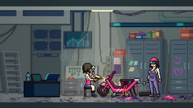Pixel art hi tech garage stock video. Video of engineer - 285819683
