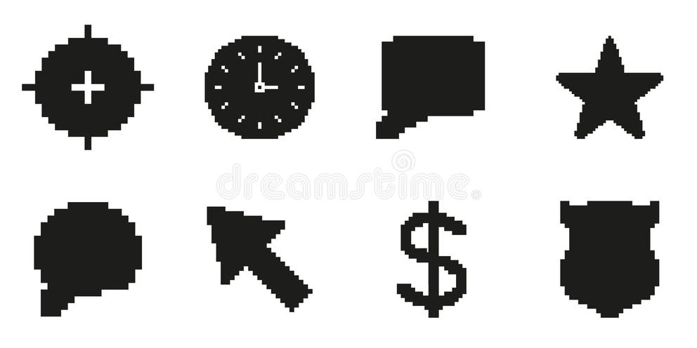 Pixel Art Icon Set Featuring Target, Clock, Speech Bubble, Star, Cursor, Dollar Sign, and Shield ...