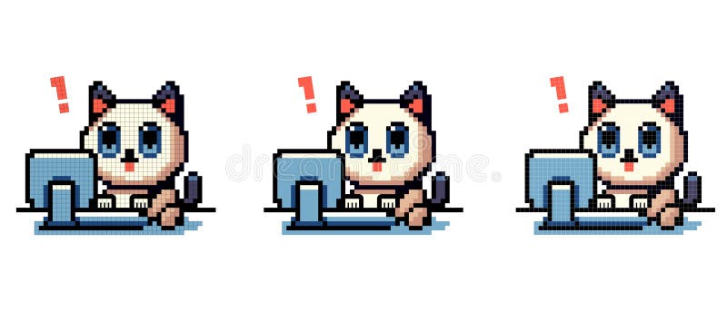 Pixel Art Icon with Siamese Cat Typing on a Computer with a Surprised ...
