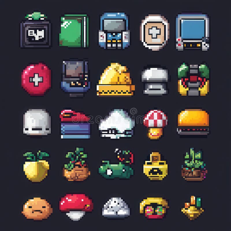 Pixel Art Icons of Everyday Objects and Characters Stock Illustration ...